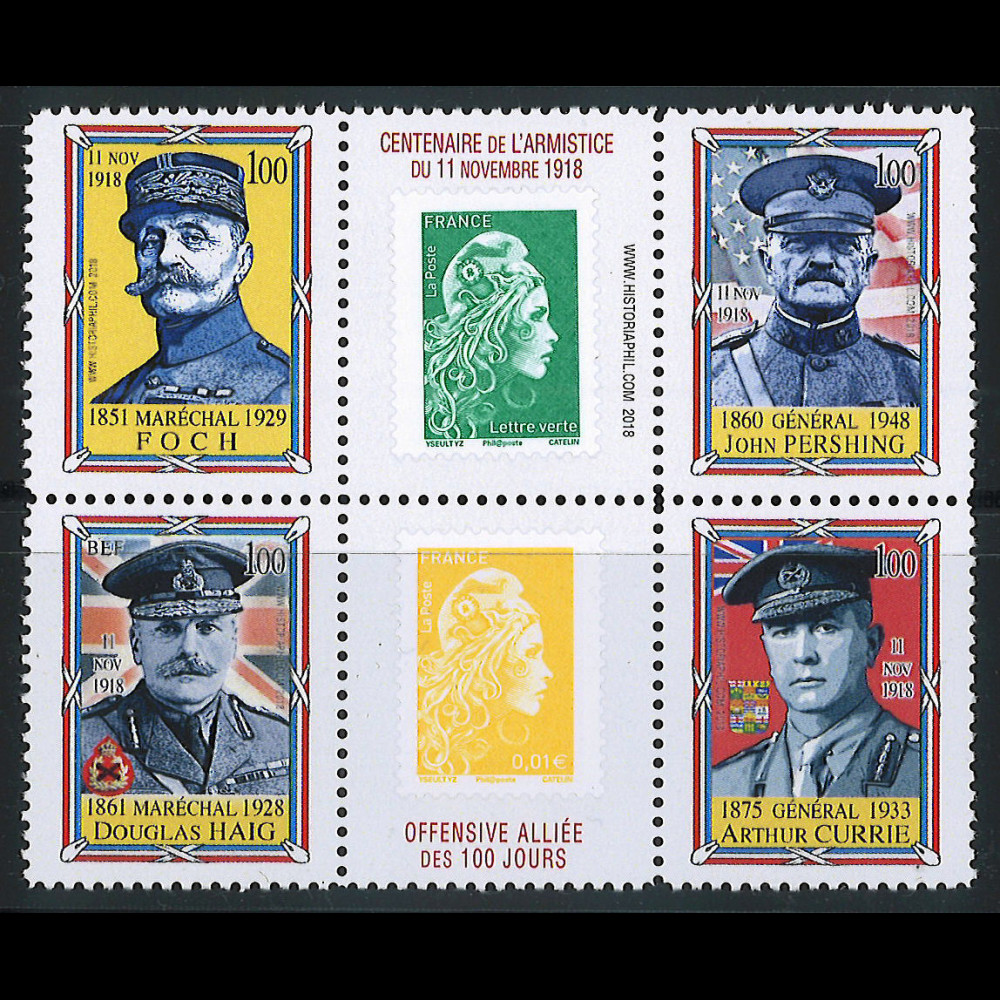 CENT18-1PT1-3 : 2018FR - 3 blocs PT ARMISTICE 1918 Foch, Pershing, Haig ...