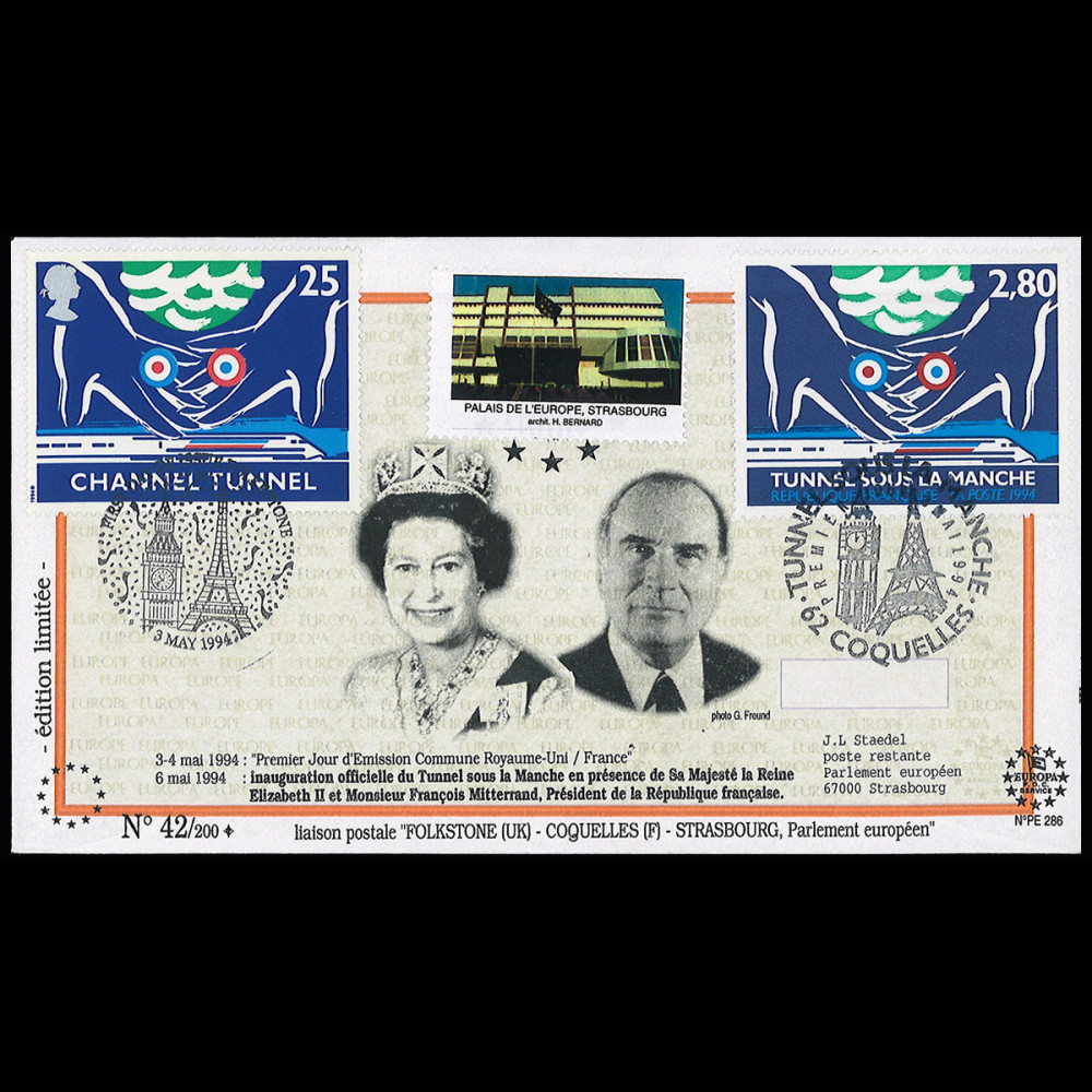 PE286: 4 FDC Inauguration TUNNEL SOUS LA MANCHE - ELIZABETH II ...